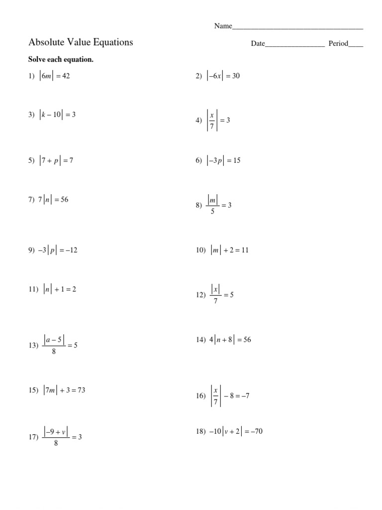 Absolute Value Equations Worksheet | PDF