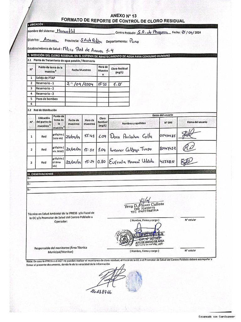 Anexo 13 Formato de Reporte de Control de Cloro Residual Sap Santa Rosa ...