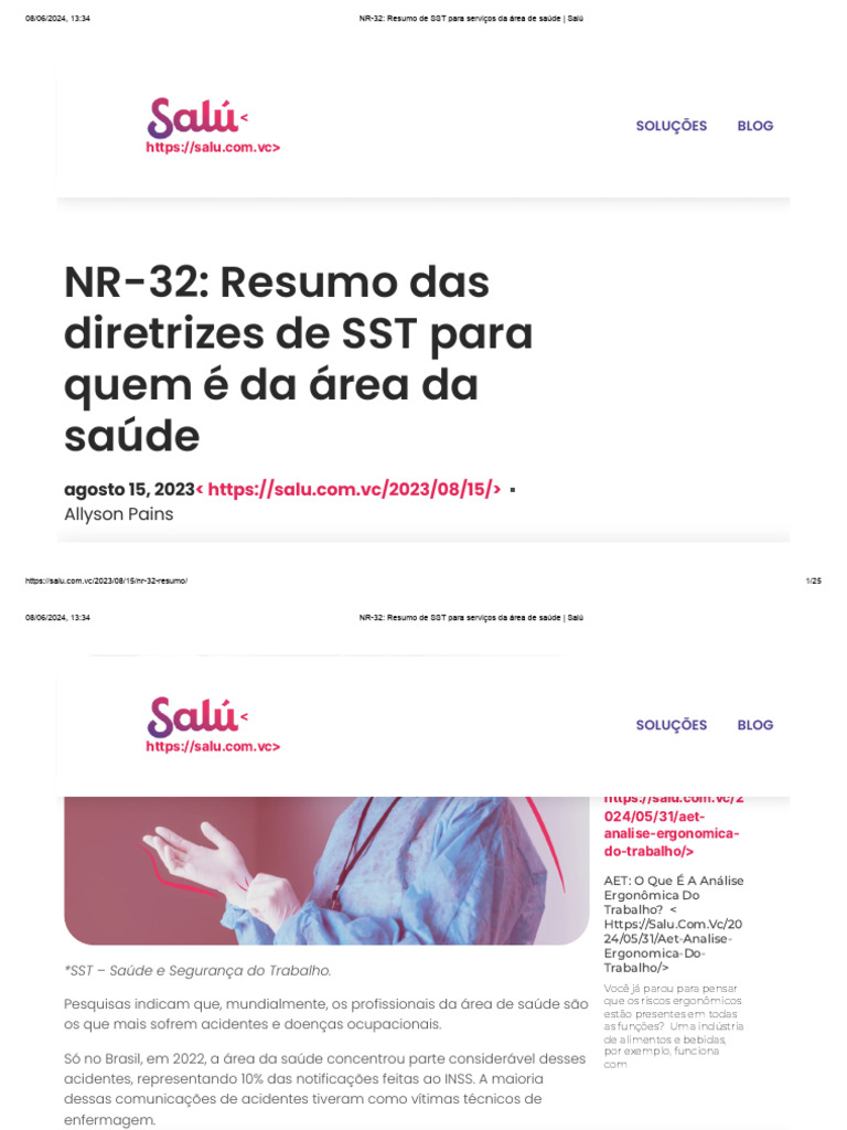 NR-32 - Resumo de SST para Serviços Da Área de Saúde - Salú | PDF