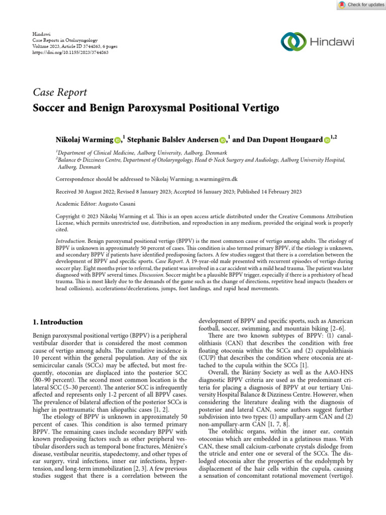 Case Reports Soccer and Benign Paroxysmal Positional Vertigo | PDF