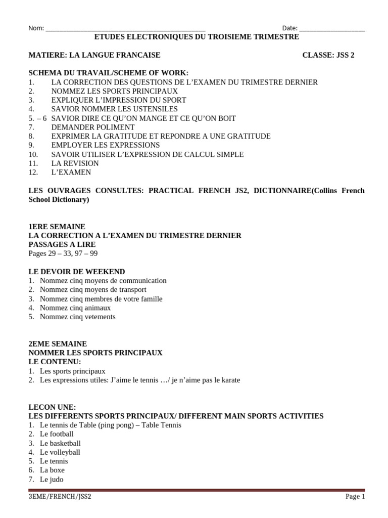 3RD JSS2 Term French | PDF