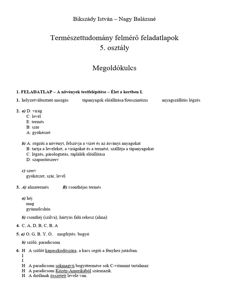 Természettudomány Felmérő Feladatlapok 5. Osztály Megoldókulcs | PDF