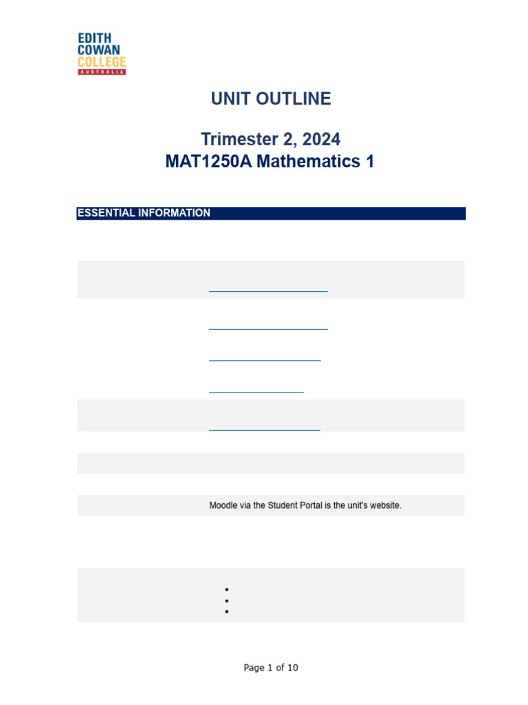 Unit Outline - MAT1250A Mathematics 1, Trimester 2 2024 | PDF