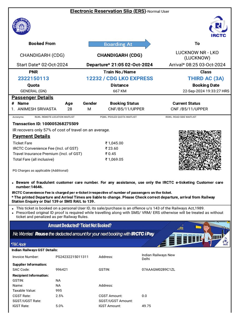 CDG Lko Express Third Ac (3A) : Electronic Reservation Slip (ERS) | PDF
