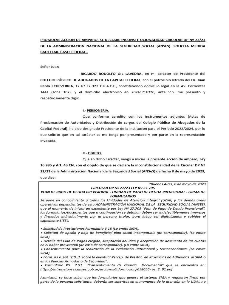 MODELO DE DEMANDA DE Amparo CONTRA Anses X LA Circular 22-23 | PDF