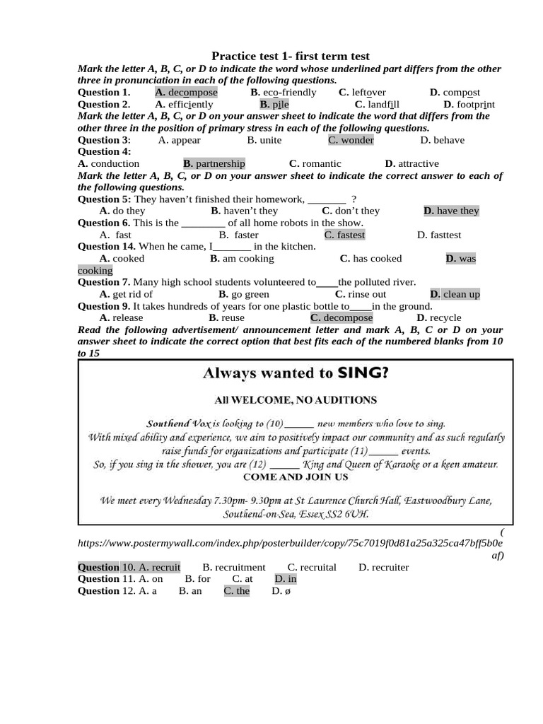 Practice Test 1 First Term Test | PDF