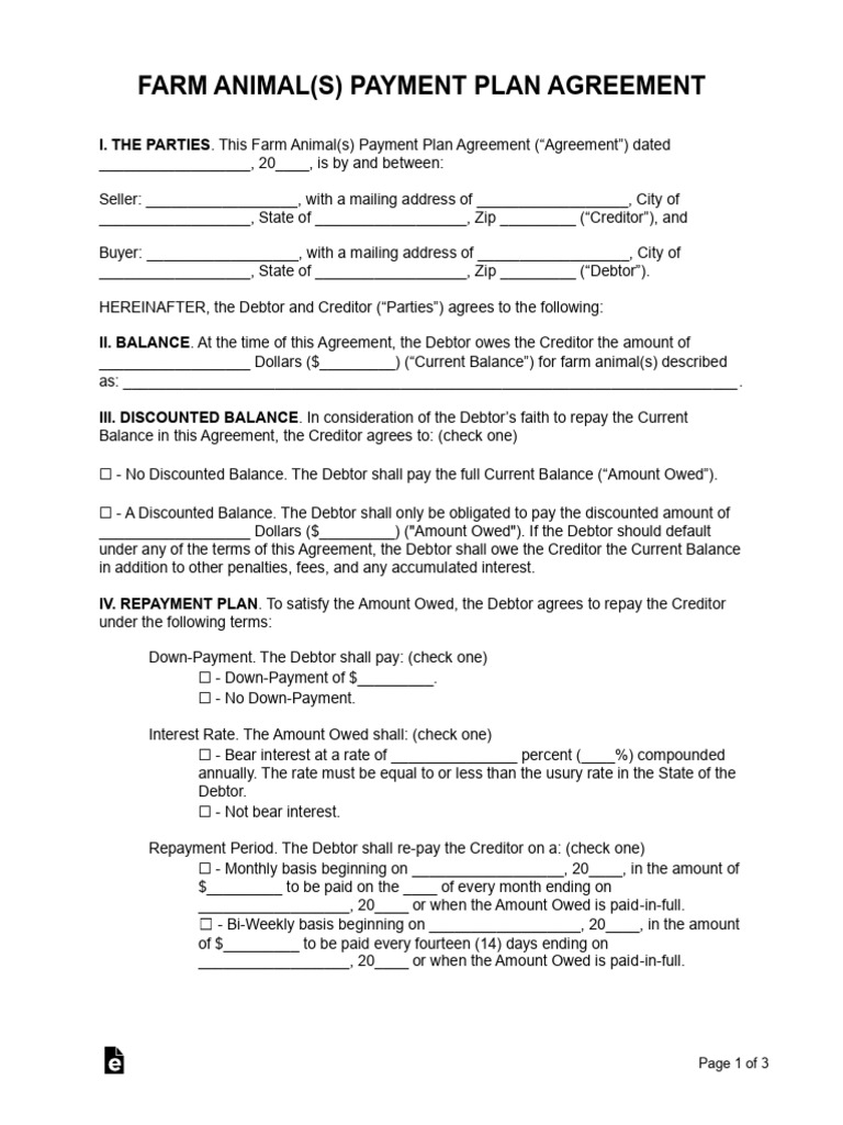 Farm Animal Payment Plan Agreement | PDF