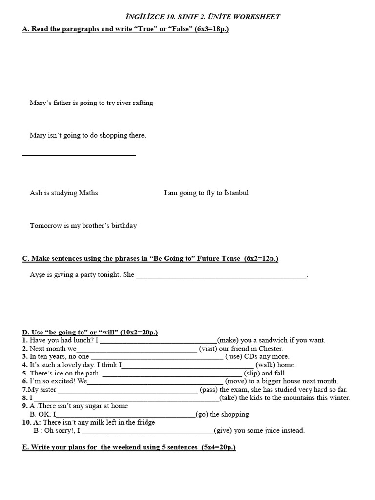 Sinif Ingilizce 2. Unite Plans Worksheet Quiz | PDF