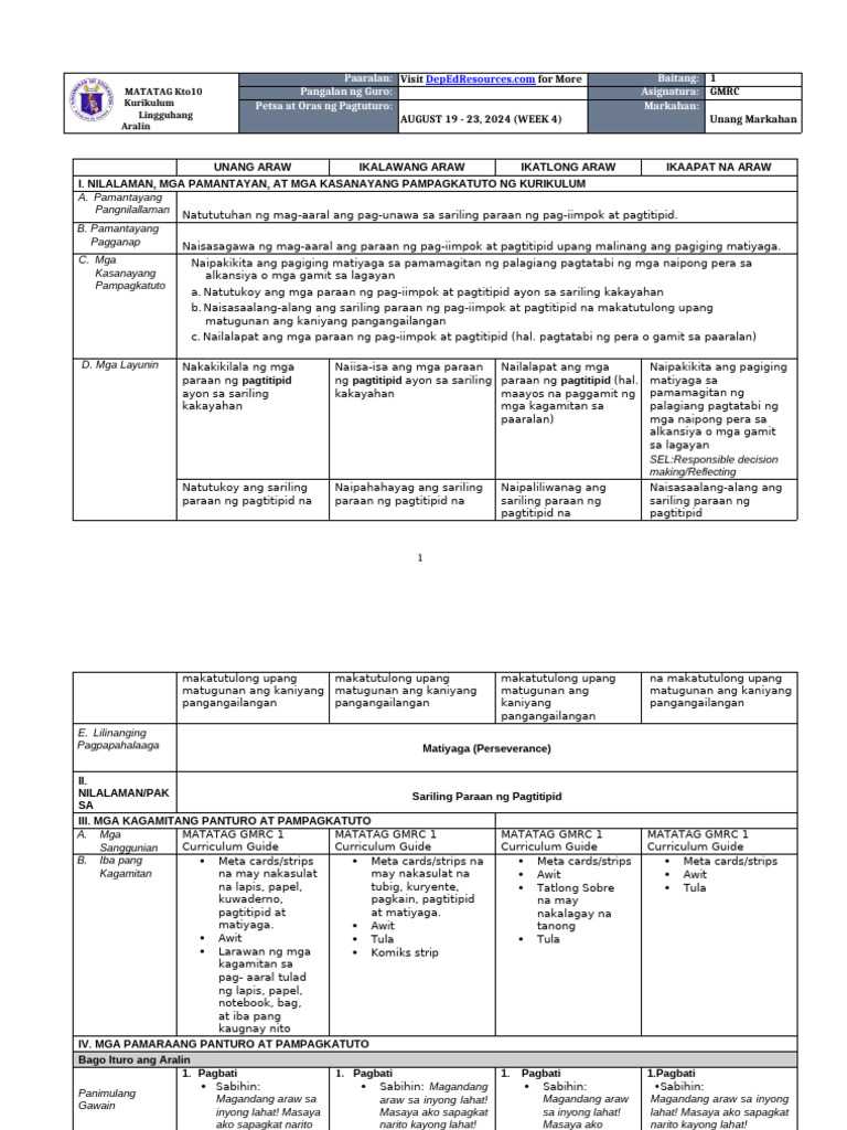 DLL Matatag GMRC 1 q1 w4 | PDF