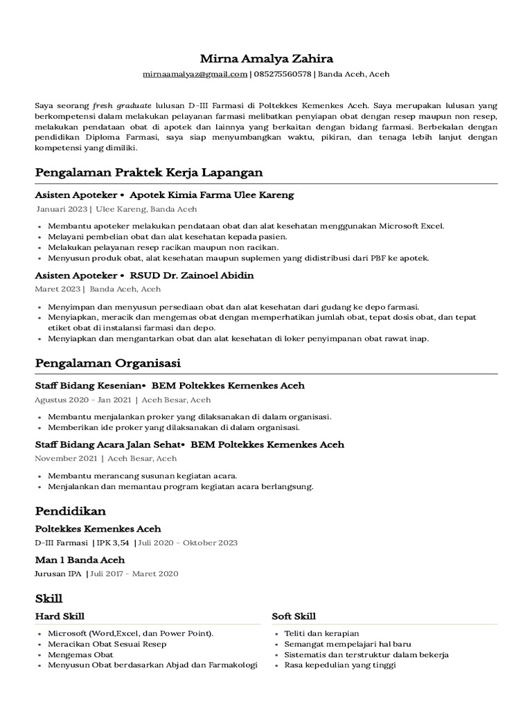CV Mirna Amalya Zahira | PDF