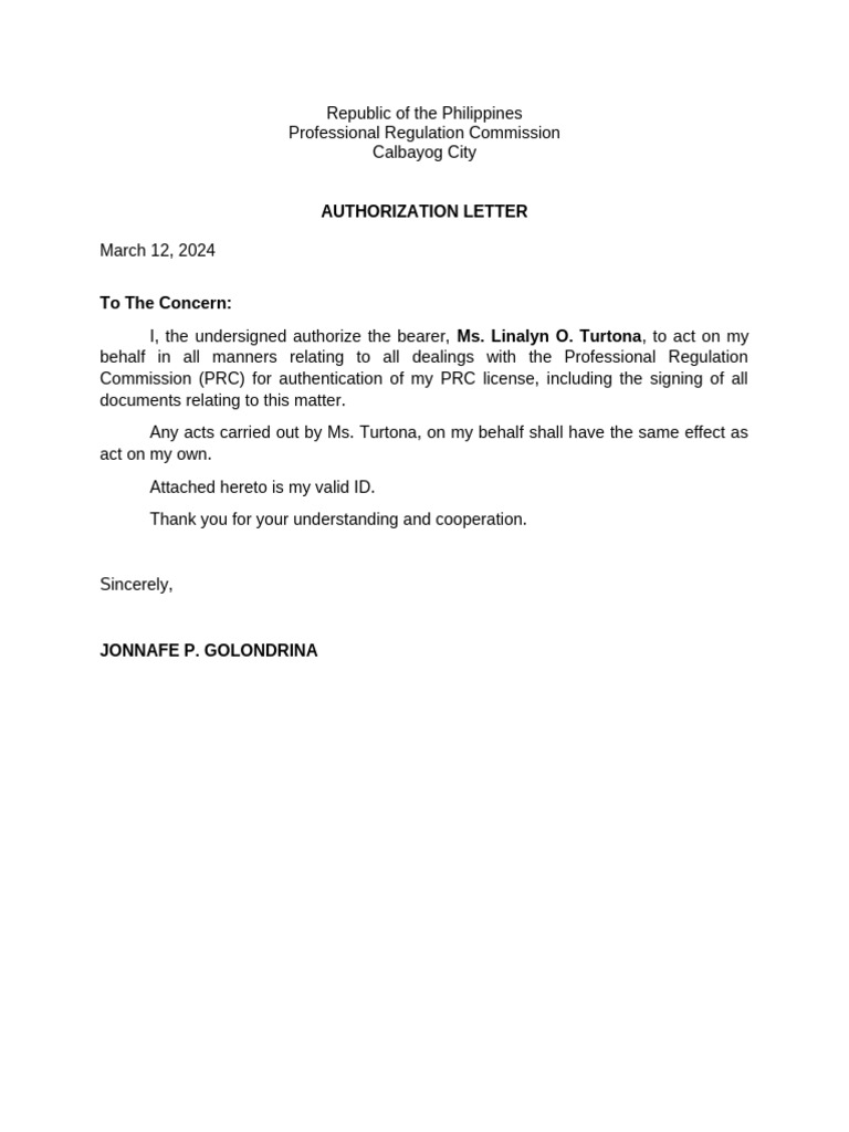 Authorization Letter PRC | PDF