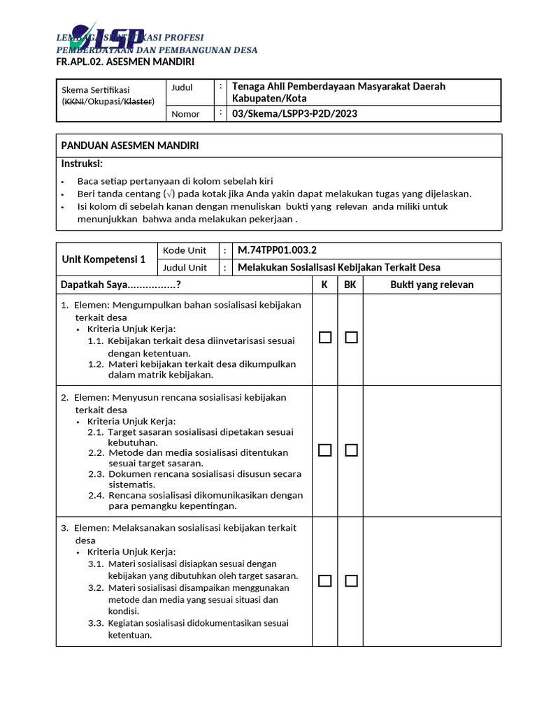 FR - Apl 02. Asesmen Mandiri Ver 2023 Skema Tapm Kab | PDF