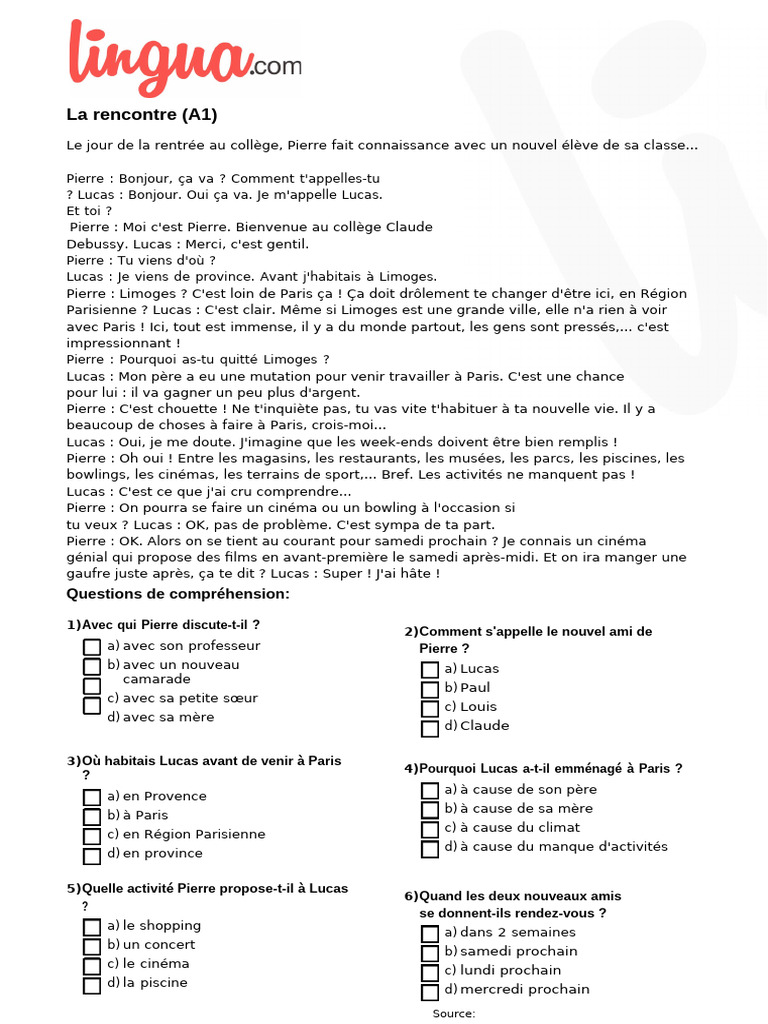 Comprehension Ecrite A1 | PDF