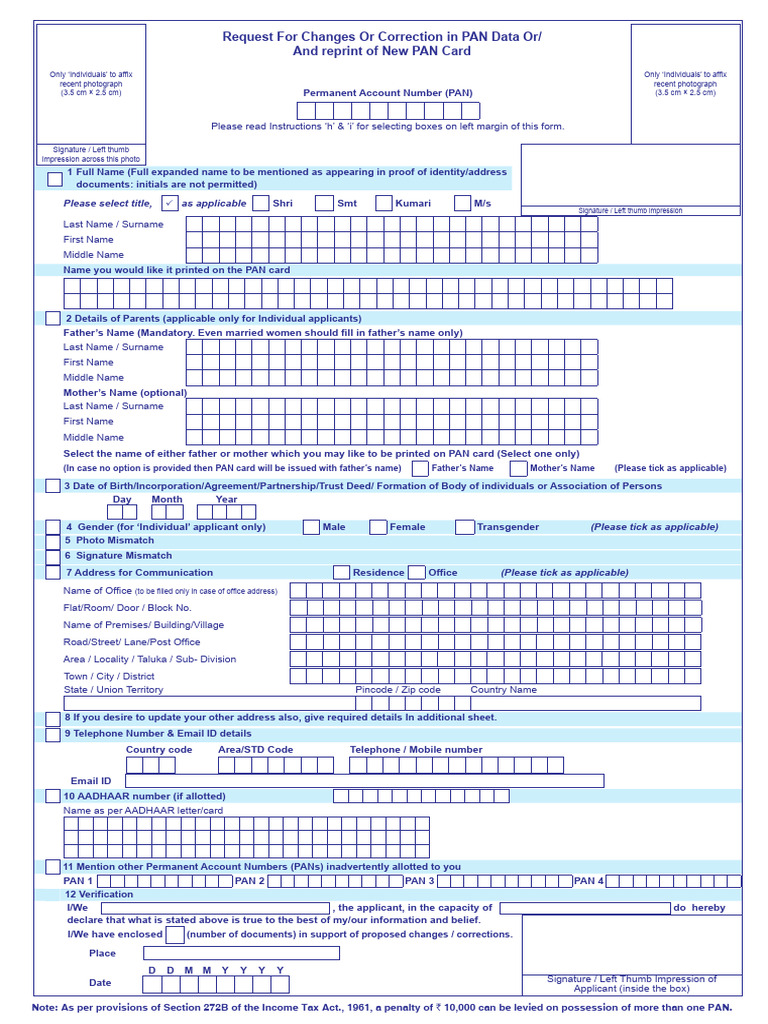 Request For New PAN Card or and Changes or Correction in PAN Data Form ...