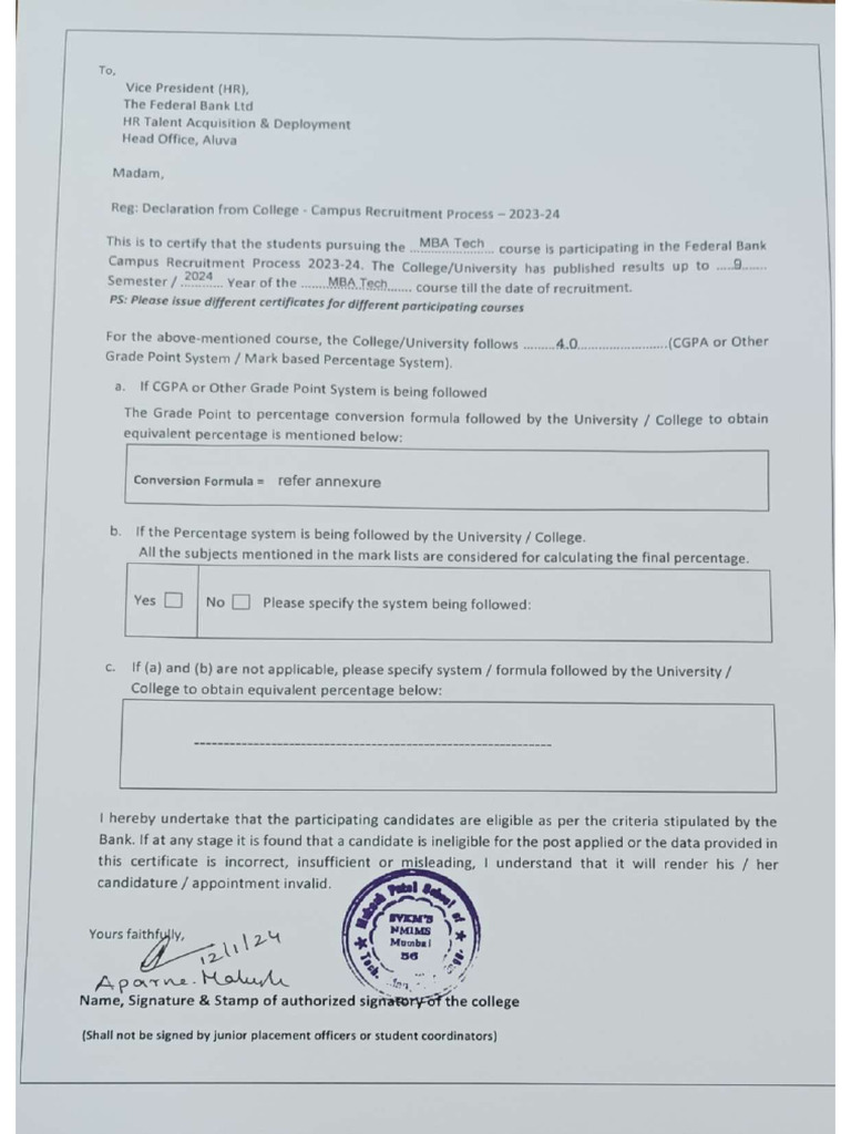 Declaration From College 2023-24 - MPSTME NMIMS | PDF