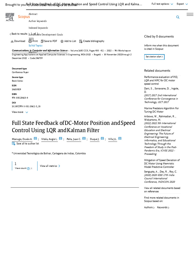 Scopus - Document Details - Full State Feedback of DC-Motor Position ... Scopus - Document Details - Full State Feedback of DC-Motor Position ...
