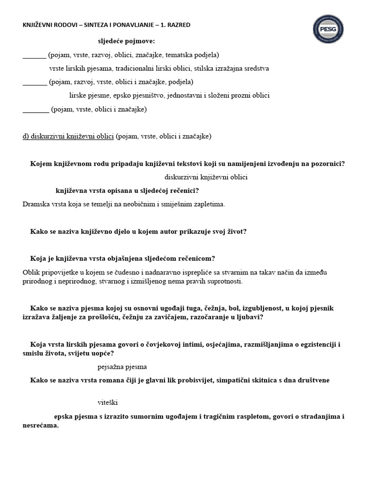 Književni Rodovi - Sinteza I Ponavljanje | PDF