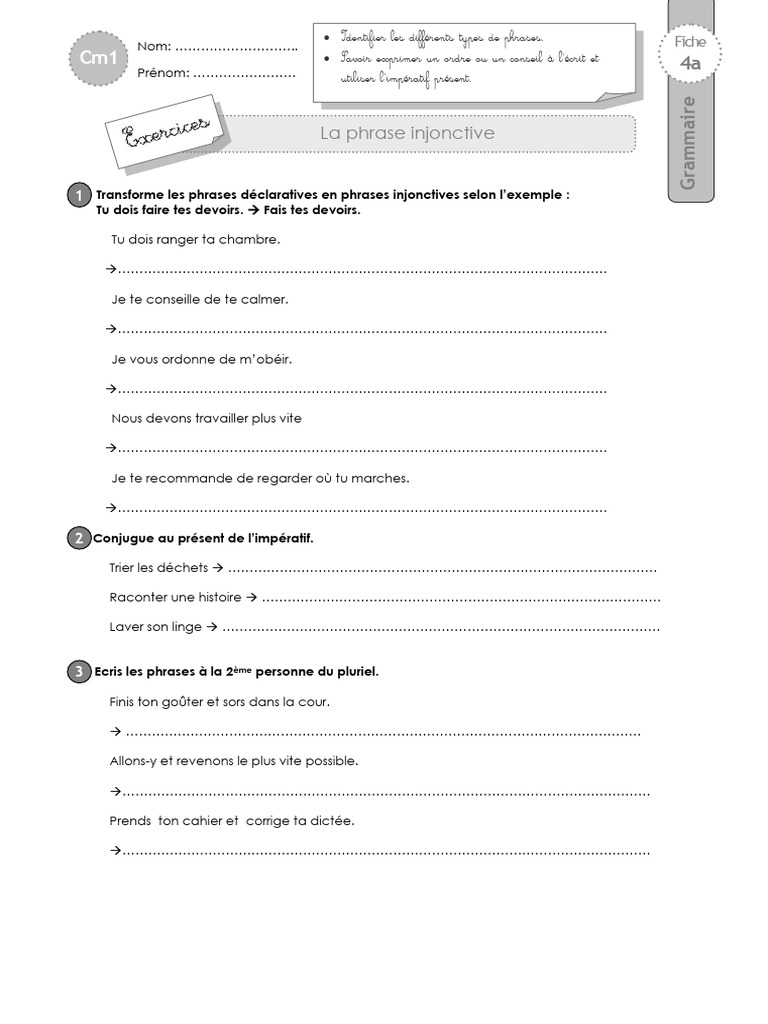 Cm1 Exercices Phrase Injonctive | PDF