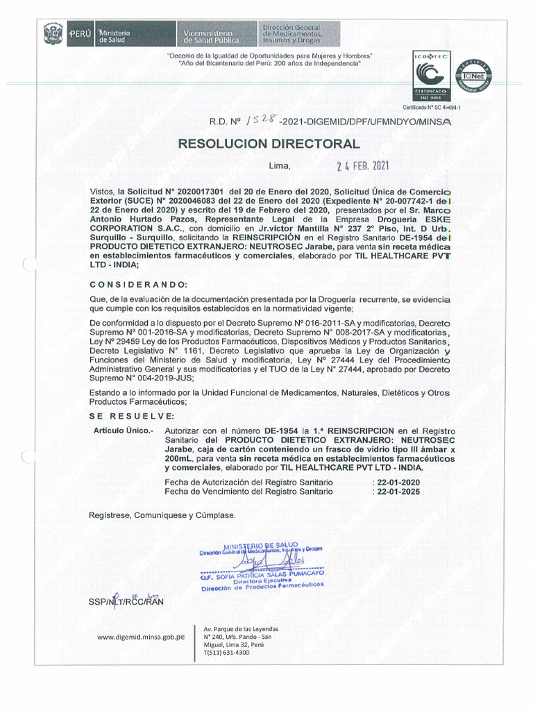 RD - DPF - 0001528 - 2021 - NEUTROSEC Jarabe (DE1954) | PDF