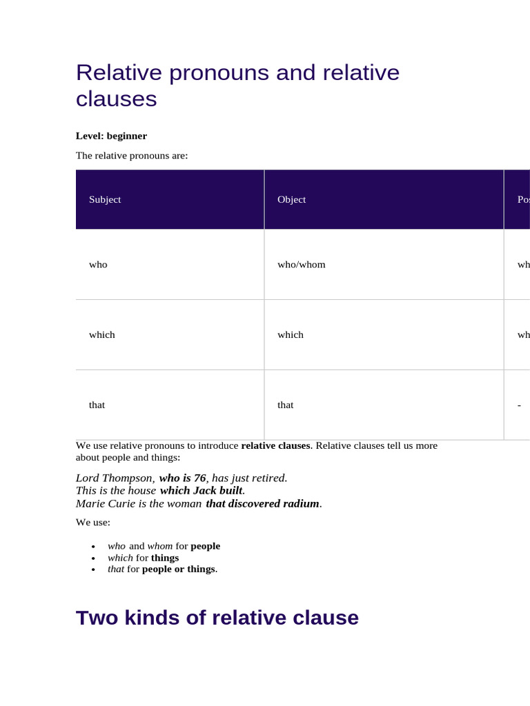 Relative Pronouns and Relative Clauses by English Course | PDF | Clause | Language Mechanics