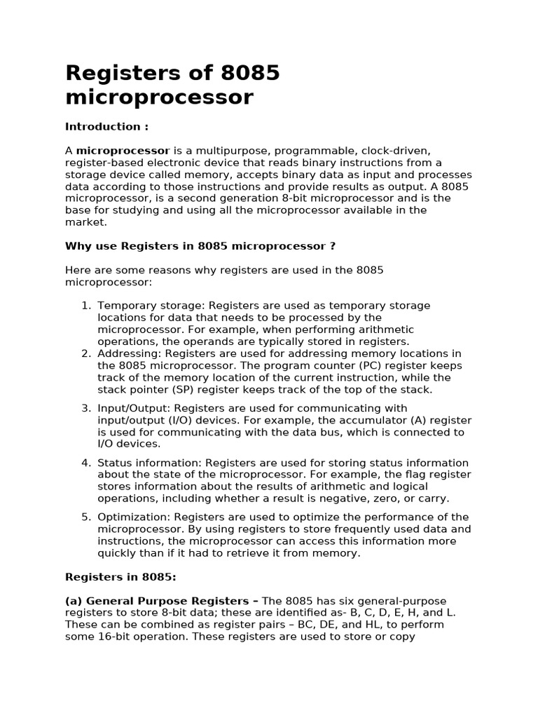 Registers of 8085 Microprocessor | PDF | Central Processing Unit | Computers