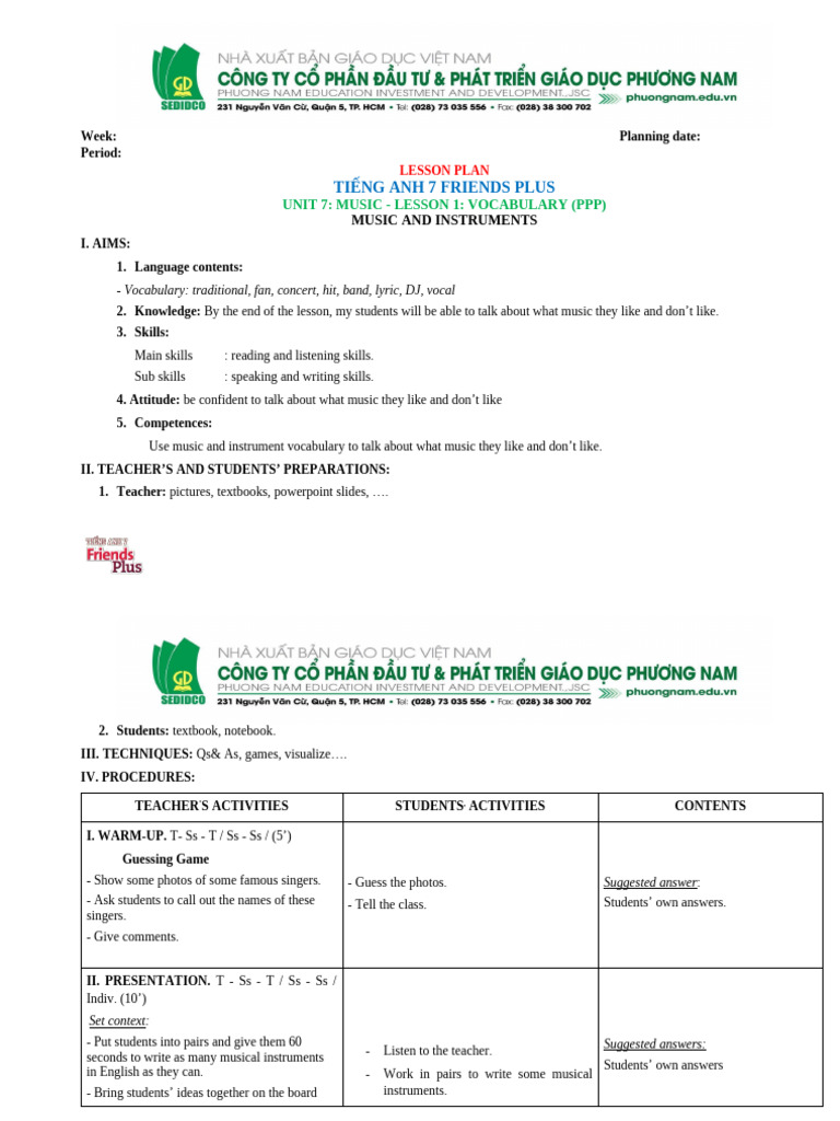 Tiếng Anh 7 Friends Plus - Kế Hoạch Bài Dạy - Unit 7 | PDF