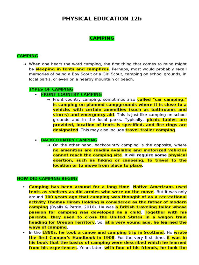 PHYSICAL EDUCATION 12b (CAMPING) | PDF