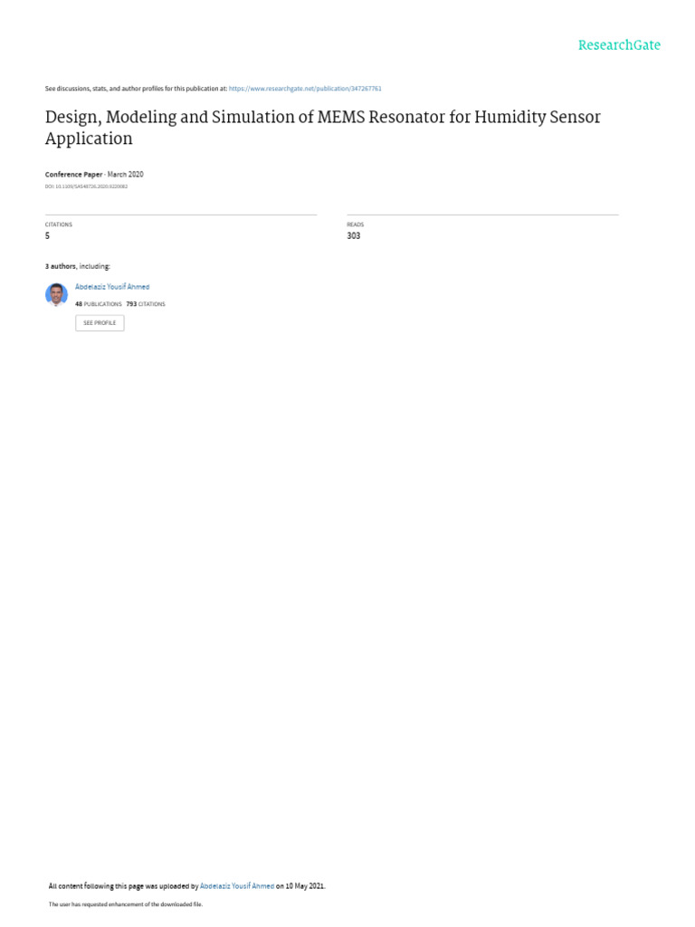 Design, Modeling and Simulation of MEMS Resonator For Humidity Sensor Application | PDF