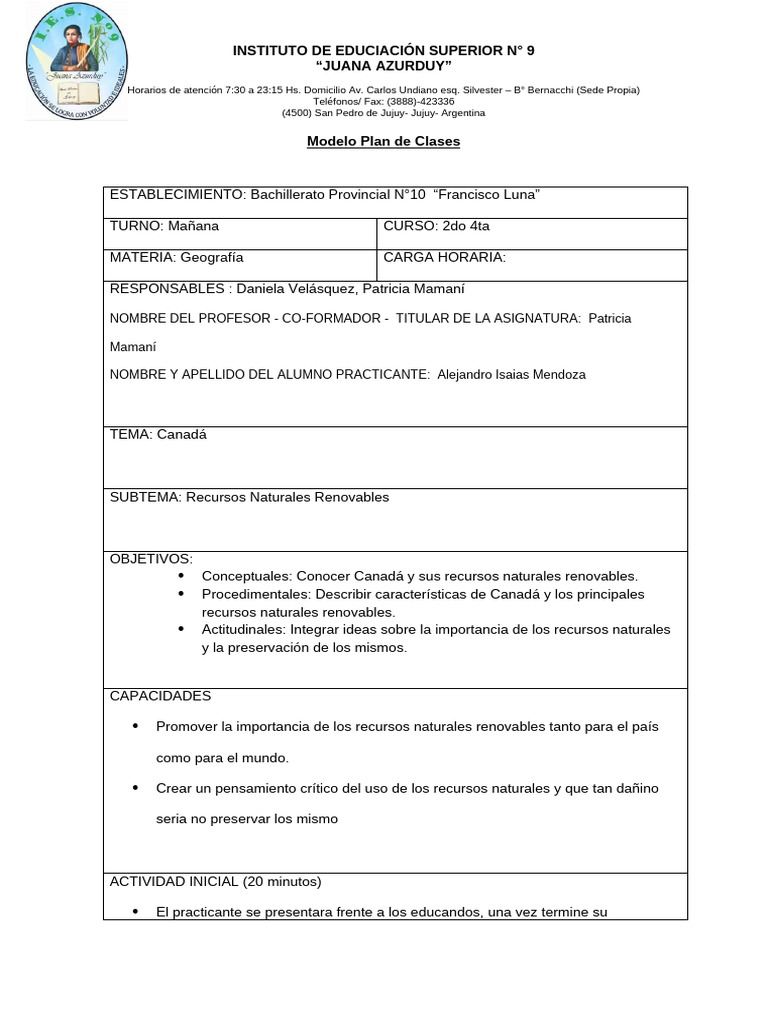 Modelo Plan de Clases. Bachi 10 2do 4ta | PDF