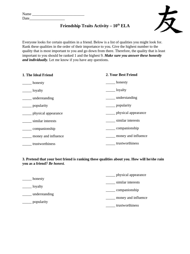 Of Mice and Men - Friendship Traits Activity | PDF