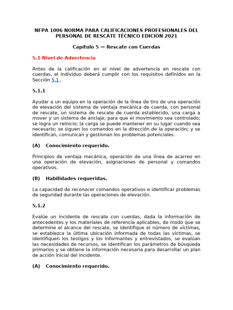 NFPA 1006 Norma para Calificaciones Profesionales Del Personal de ...