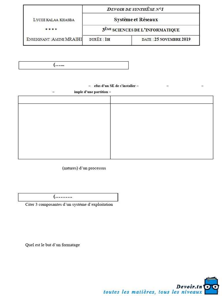 Devoir de Synthèse N°1 2019 2020 (Lycée Kalla Khasba Kef) | PDF