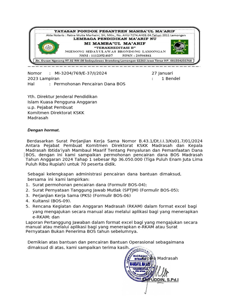 Surat Permohonan Pencairan Dana 2024 THP 1 | PDF