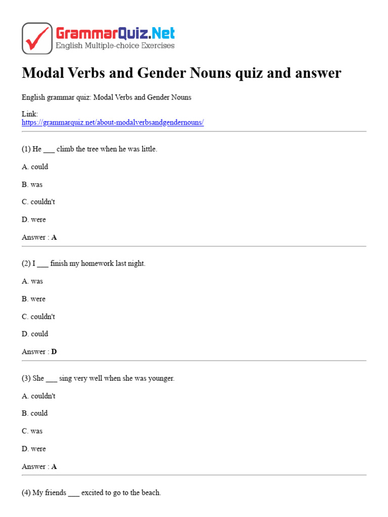 Modal Verbs and Gender Nouns Quiz and Answer | PDF