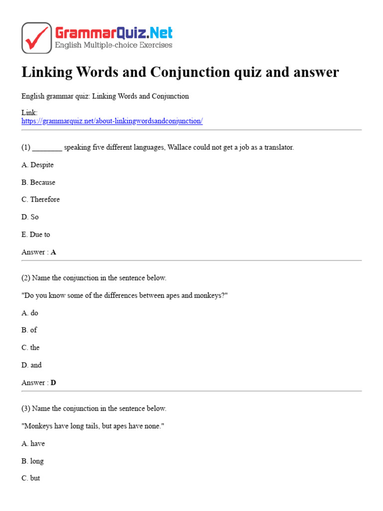 Linking Words & Conjunctions Quiz | PDF | Language Arts & Discipline