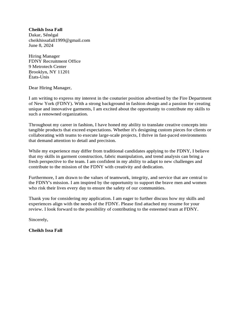 Cheikh Issa Fall Letter Motivation | PDF