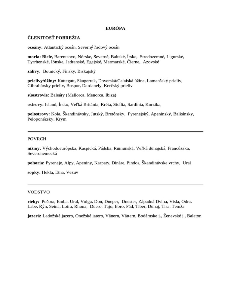 Europa - Povrch, Moria - Zoznam+Slepe Mapy | PDF