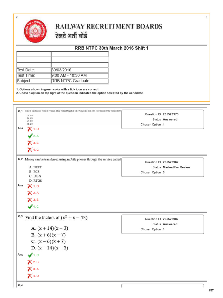 RRB NTPC Tier 1 Exam Paper Cen 03 2015 Held On 30-03-2016 Shift 1 | PDF