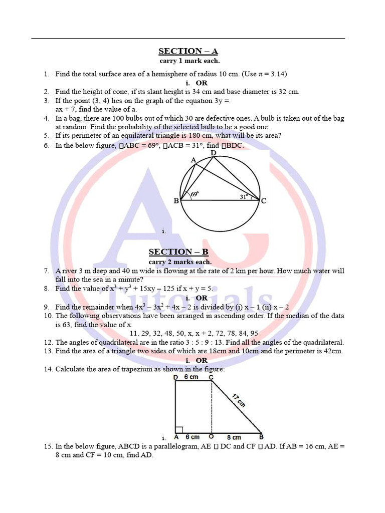 CBSE Sample Paper Class 9 Maths | PDF