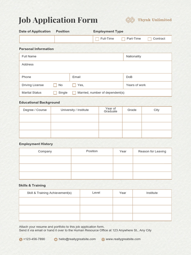 Professional Job Application Form Document A4 | PDF