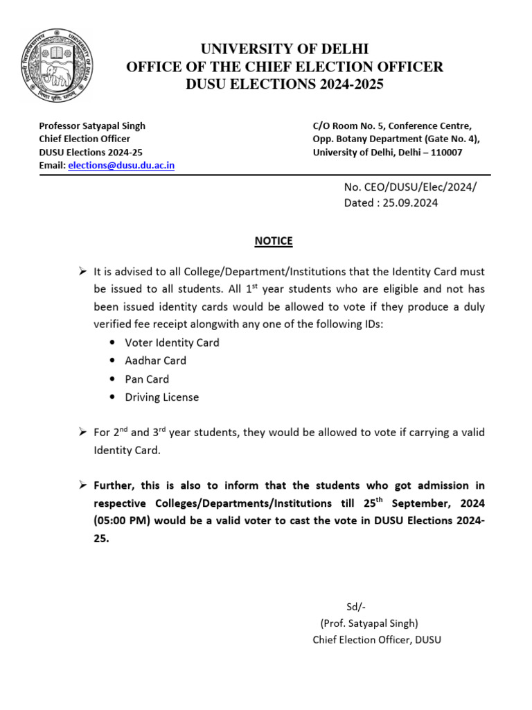 DUSU Elections 2024-25 Voting Notice | PDF