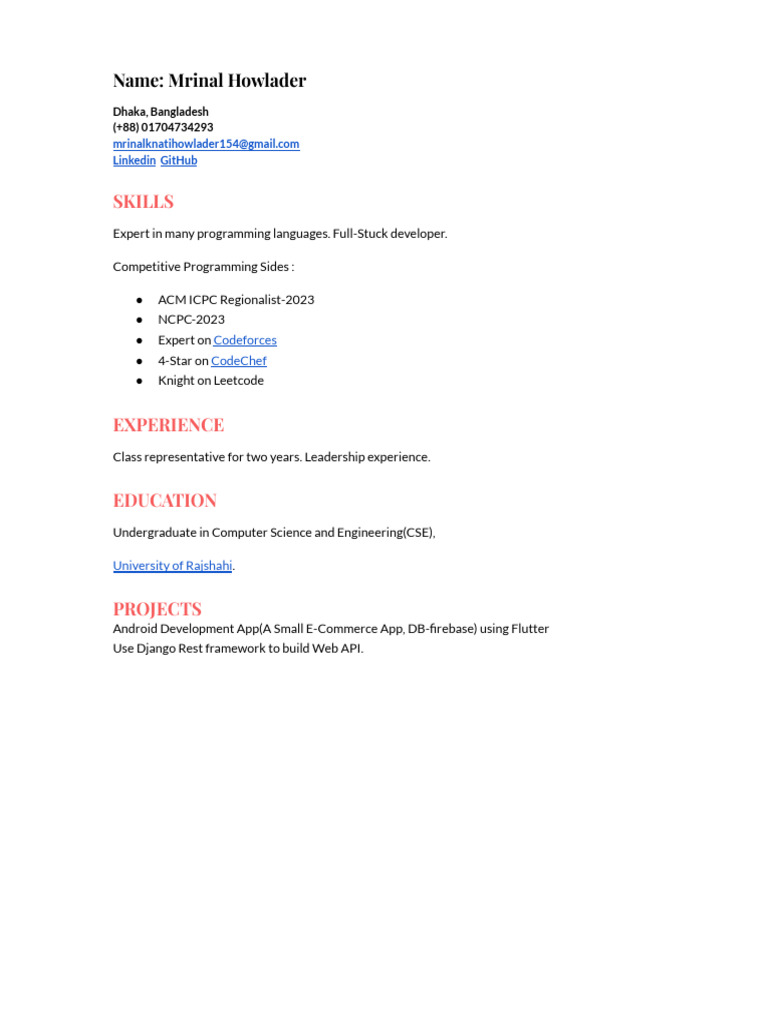 Skills: Name: Mrinal Howlader | PDF