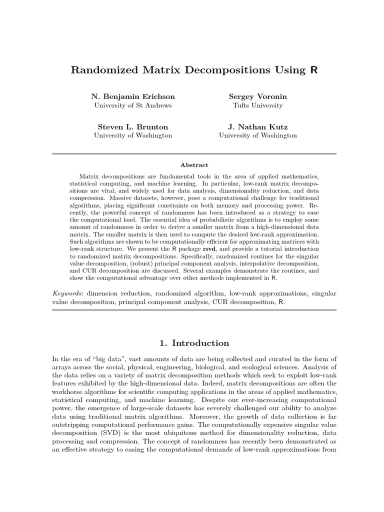 Randomized Matrix Decompositions Using: N. Benjamin Erichson Sergey Voronin | PDF