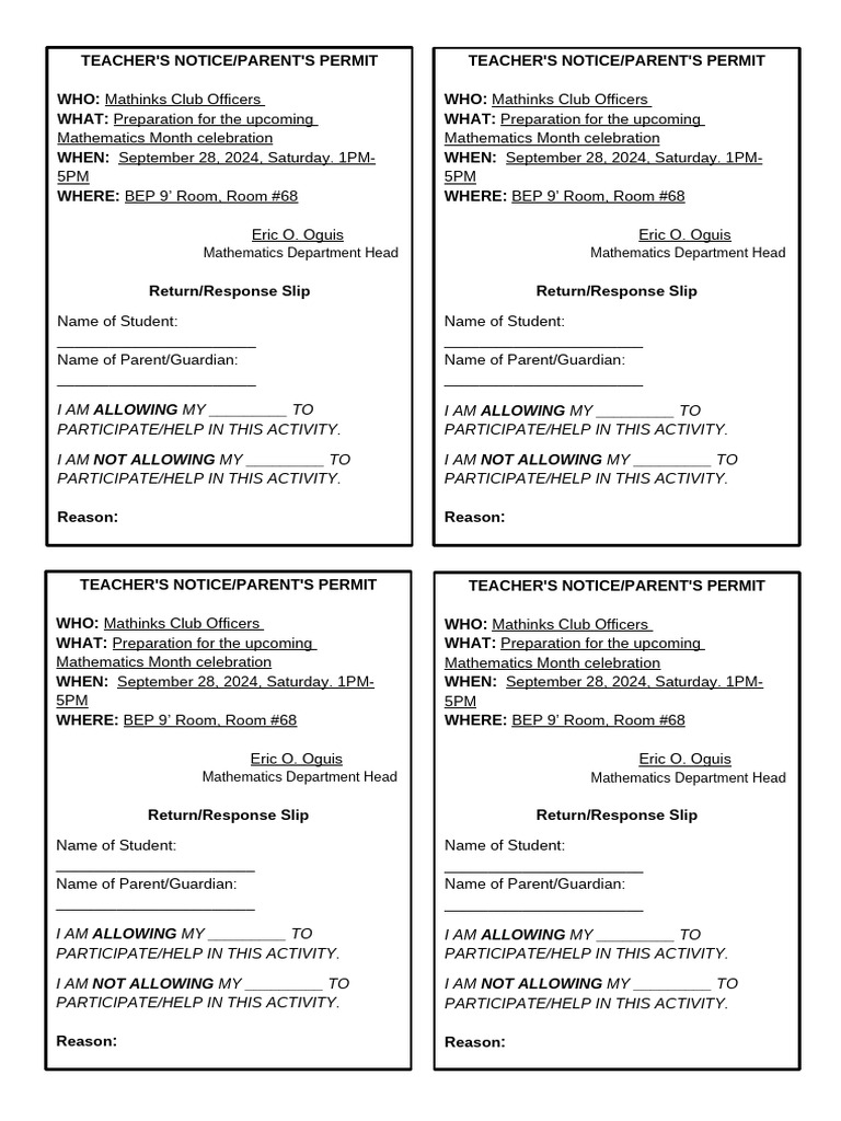 Teachers Notice Parents Permit 1 | PDF