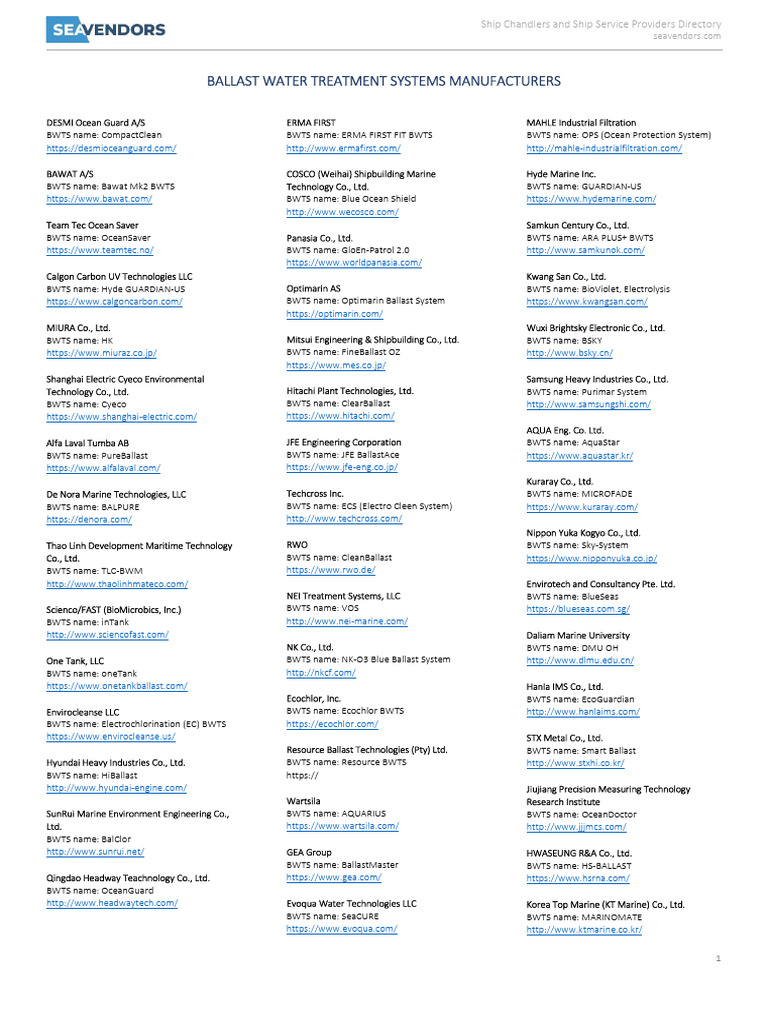 BWTS Manufacturers | PDF