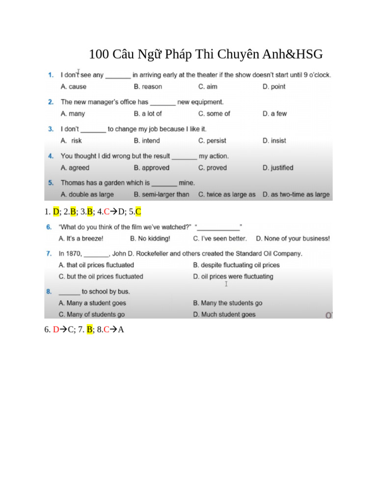 100 Câu Ngữ Pháp Thi Chuyên Anh&HSG | PDF