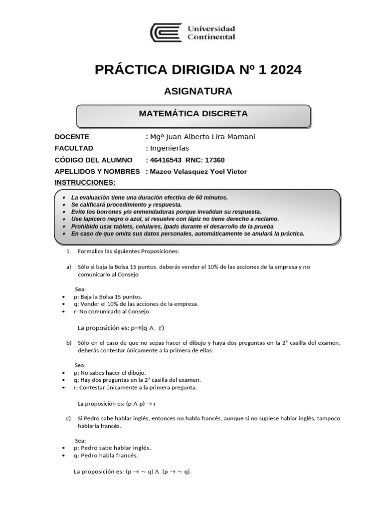 Práctica Dirigida #1 Matemática Discreta 2024-20 | PDF | Proposición | Lógica matemática