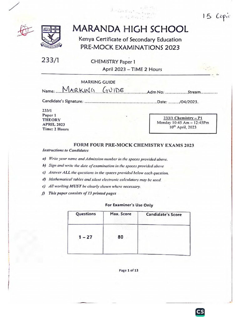 2023 Maranda Pre-Mock CHEM Paper 1 Marking Scheme | PDF