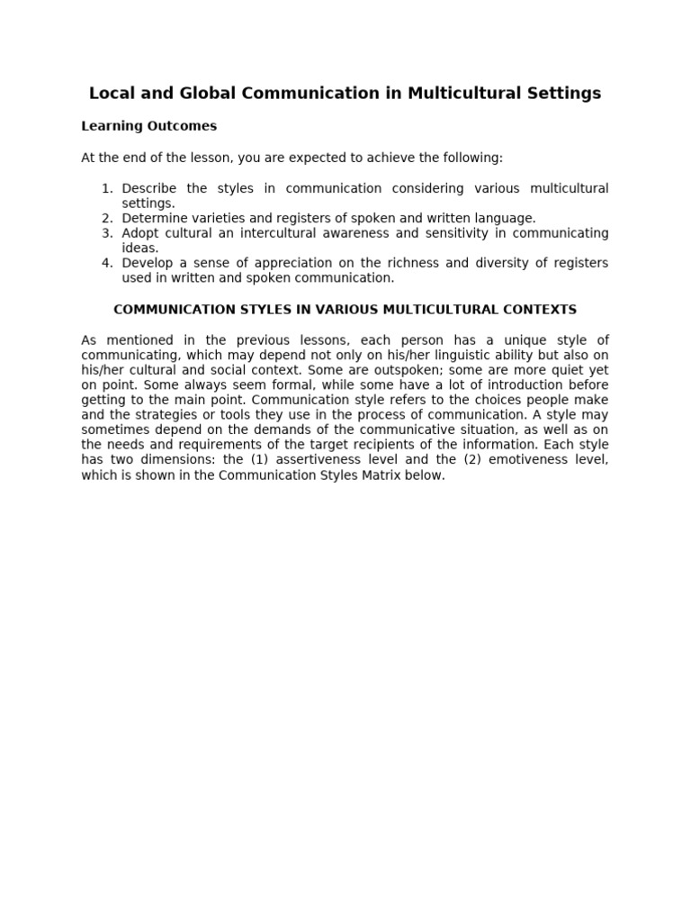 Local and Global Communication in Multicultural Settings | PDF
