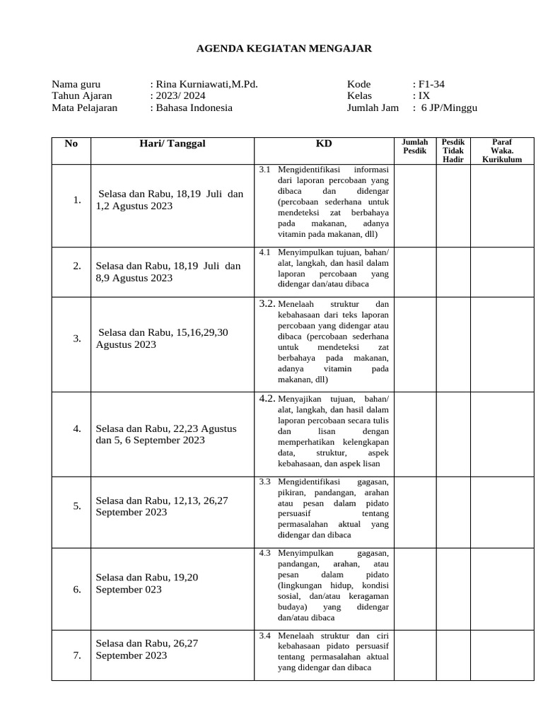 Agenda Mengajar | PDF